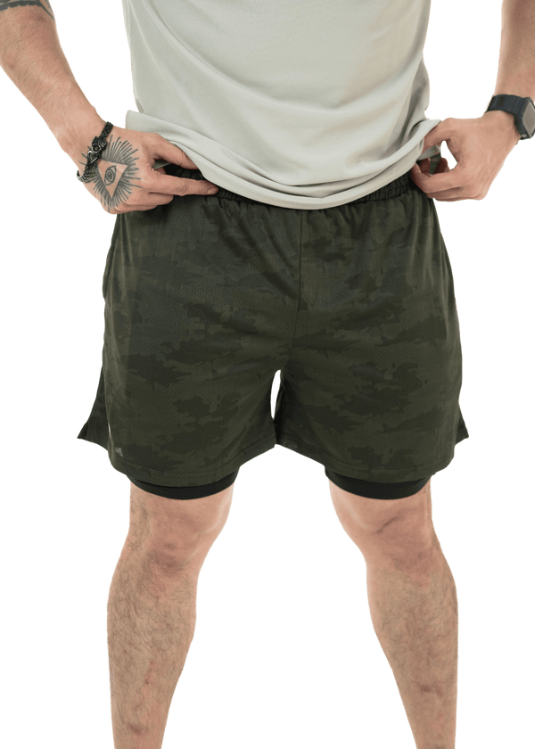 Double Layer Shorts Mens - Olive Green Stylish Performance Gym Shorts ...